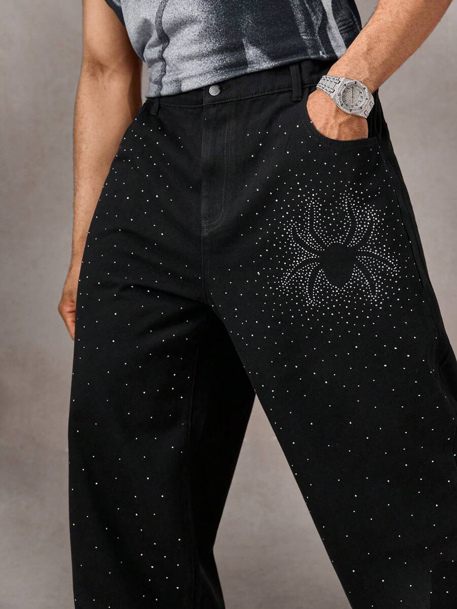 Manfinity RebelGame Plus Size Men's Loose Street Spider Print Sparkly Long Pants | SHEIN USA
