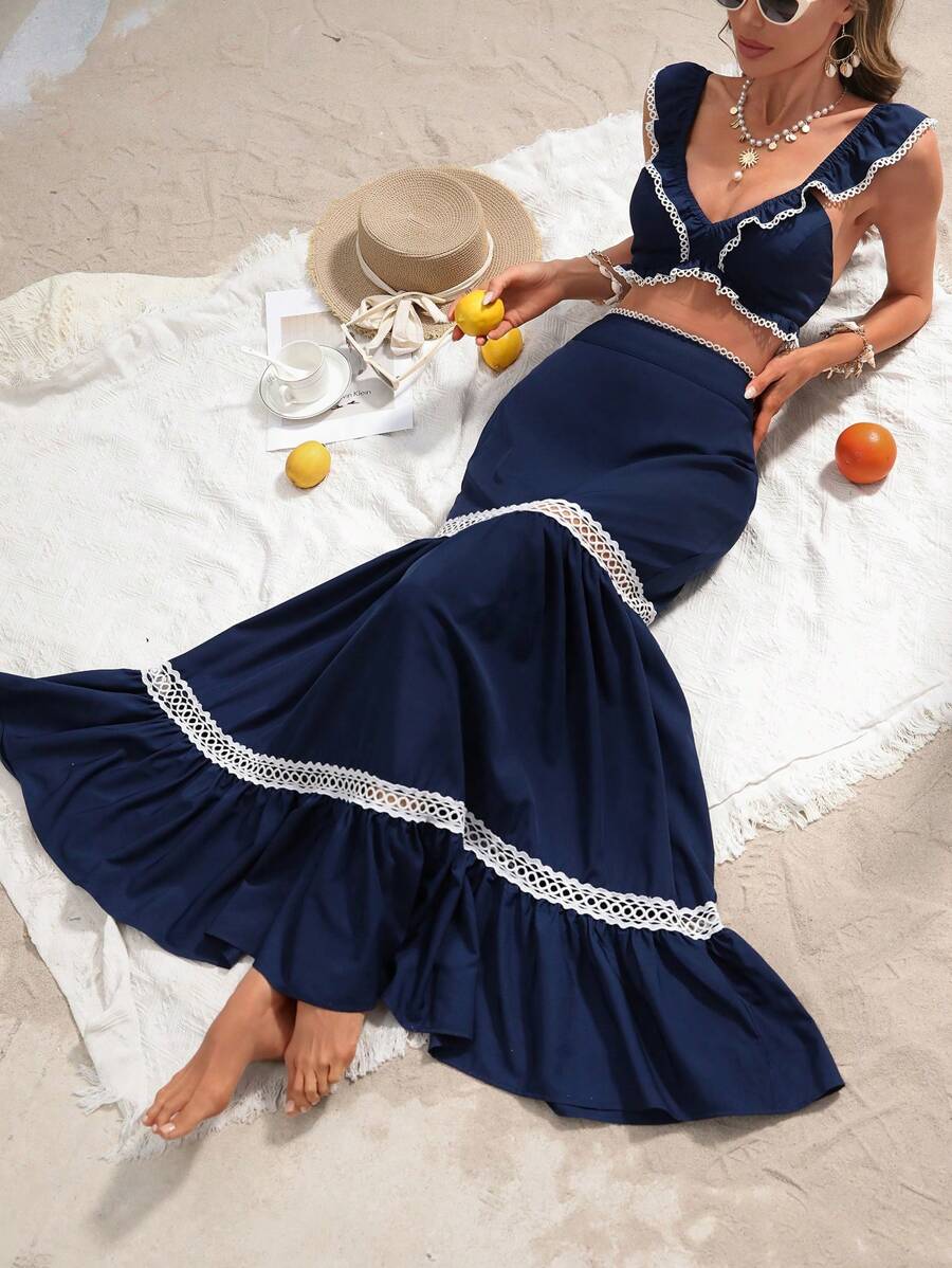 SHEIN VCAY 2pcs/Set Women Ruffled Hem Crop Top & Long Fishtail Skirt ...