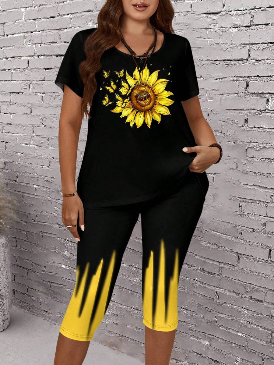 EMERY ROSE 2pcs/Set Casual Retro Floral Pattern Loose Fit Round Neck Short Sleeve Plus Size Set ...