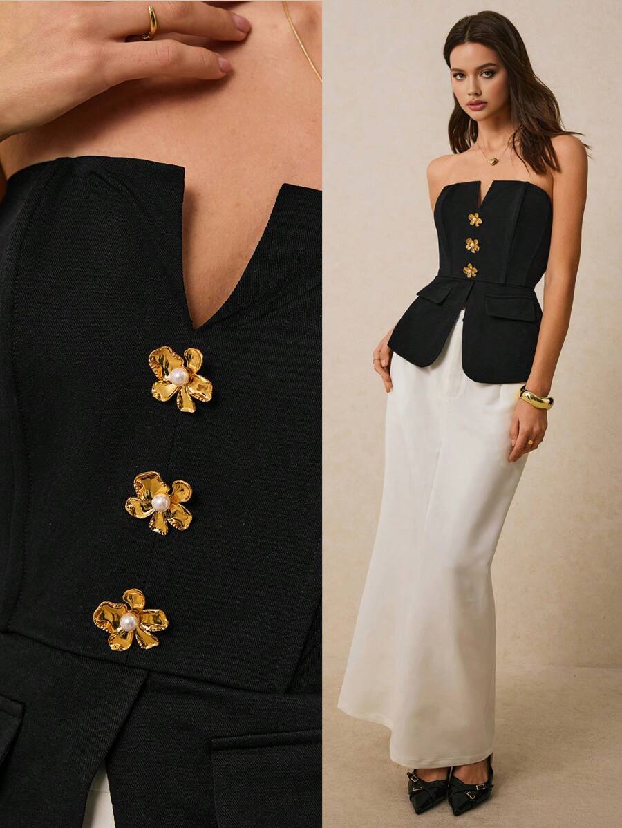 Poéselle Chic Black Strapless Corset Style Top With Metallic Floral ...