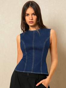 Poéselle Chic Backless Denim Top With Tie Waist Detail - Effortless Style For Summer Days And ...