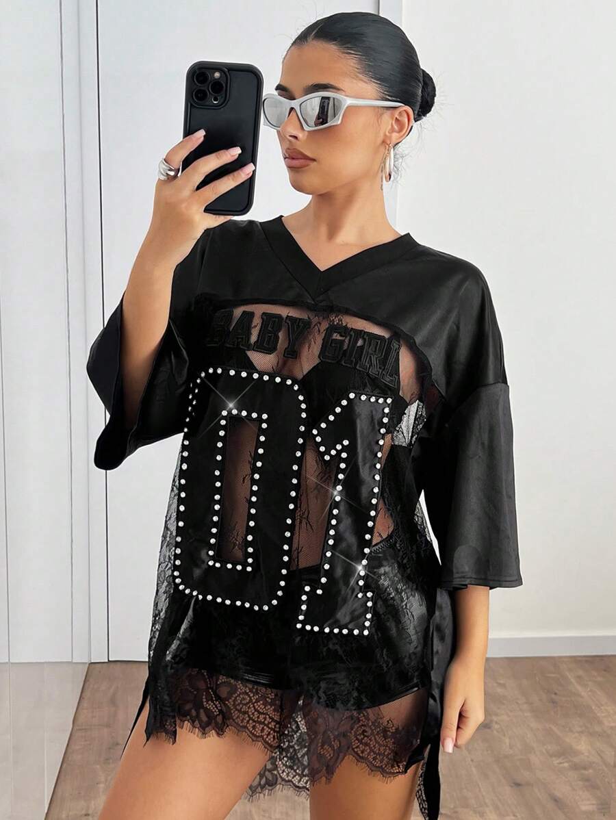 SHEIN ICON Summer Outfits For Women Fashion Women Lace Patchwork Rhinestone Embellished Loose ...