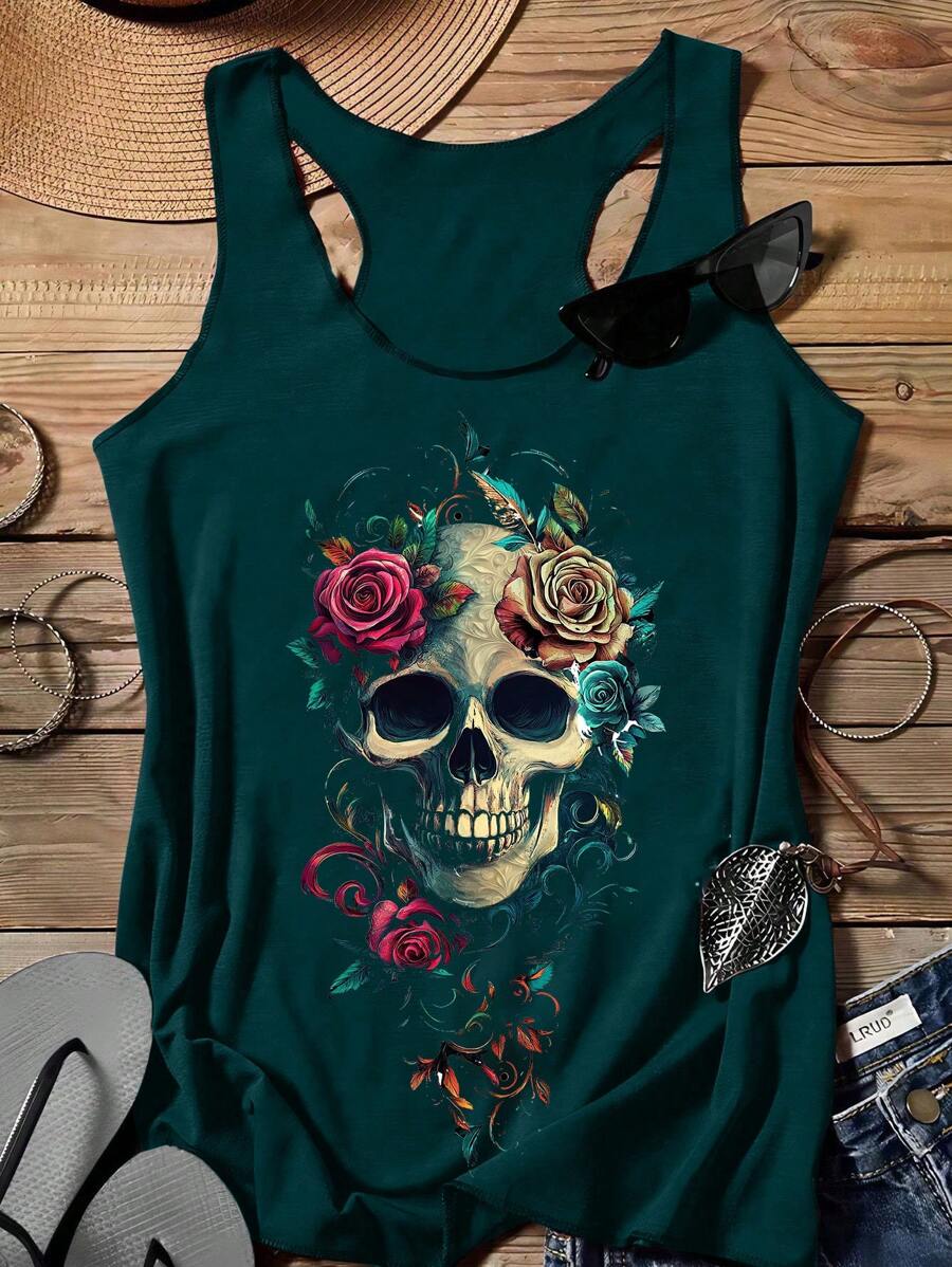 SHEIN LUNE Skull & Floral Print Tank Top | SHEIN USA