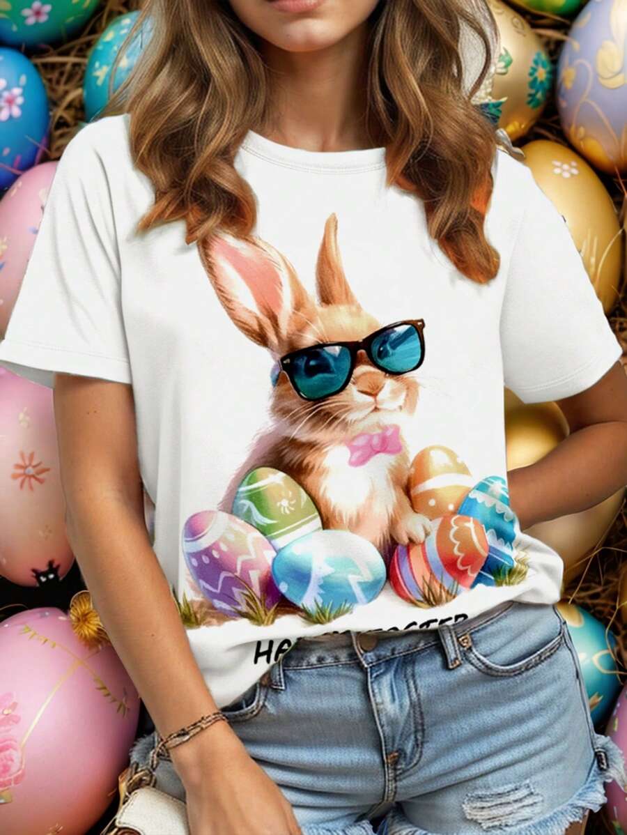 SHEIN Essnce Plus Size Casual Easter Bunny & Egg Print T-Shirt, Plus ...