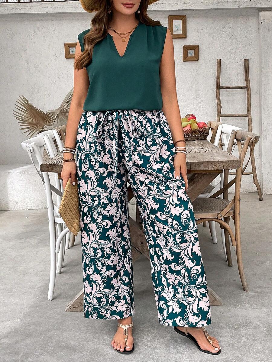 SHEIN VCAY Plus Size Solid Color Top With Floral Wide-Leg Pants Two ...