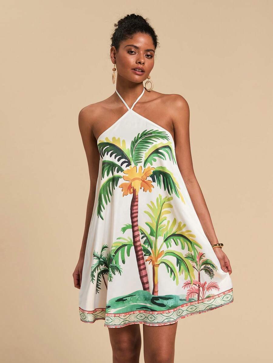 Travachic Tropical Print Halter Neck Beach Resort Dress,Summer Outfits ...