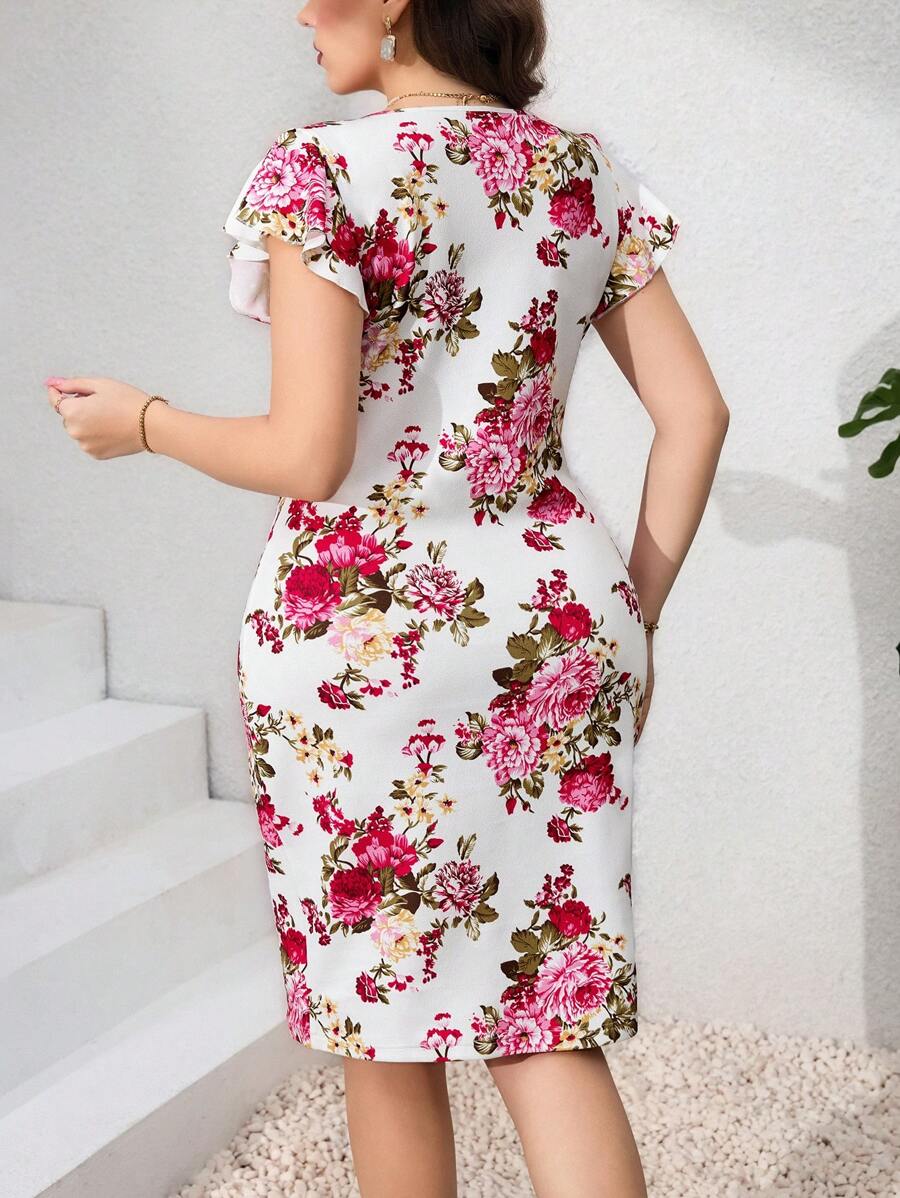 SHEIN Clasi Plus Size Elegant Floral Print Small Cap Sleeve Slim Dress ...