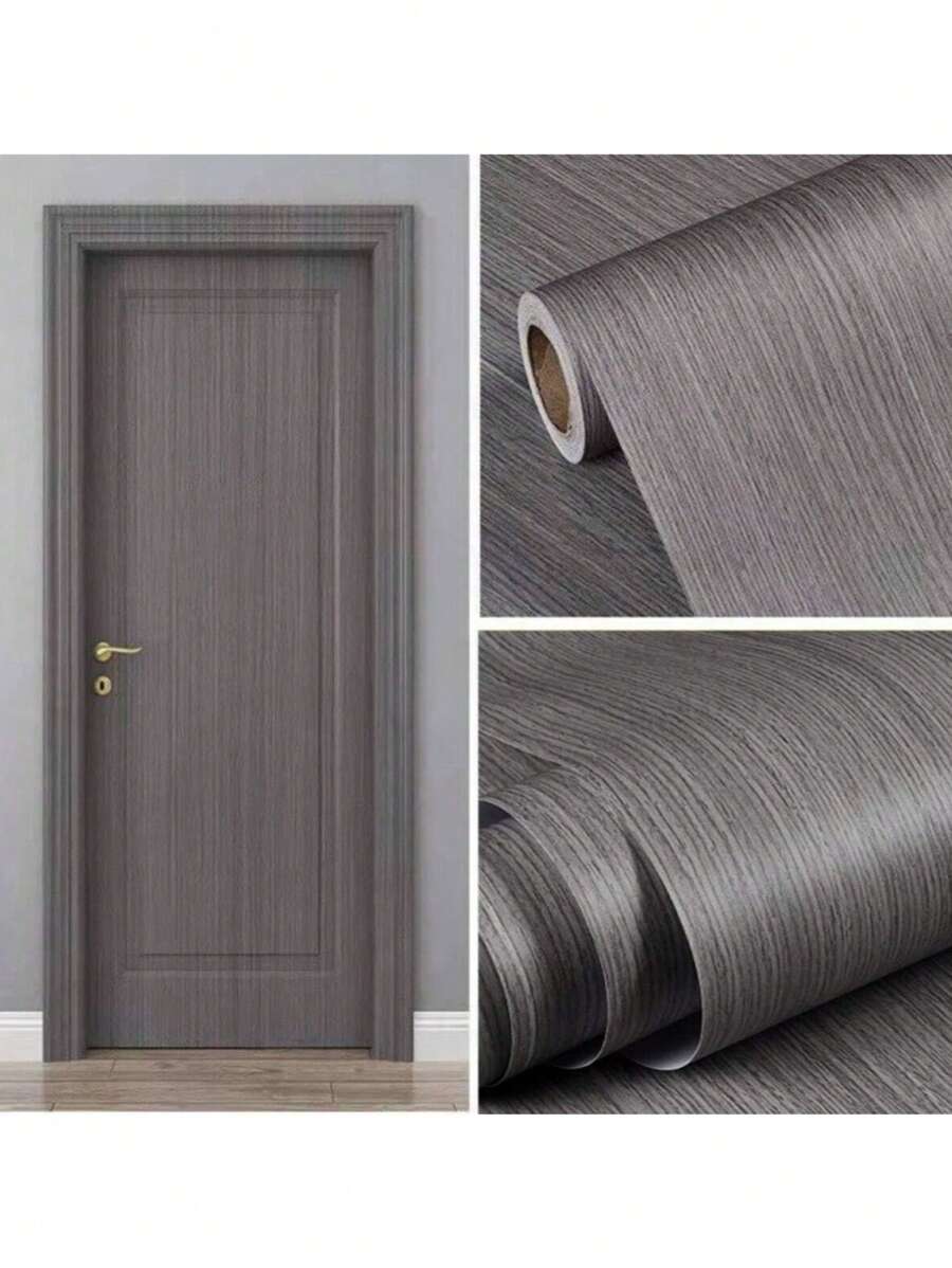 SHEIN 1 Roll Pvc Self-Adhesive Dark Grey Wood-Grain Effect Wallpaper ...