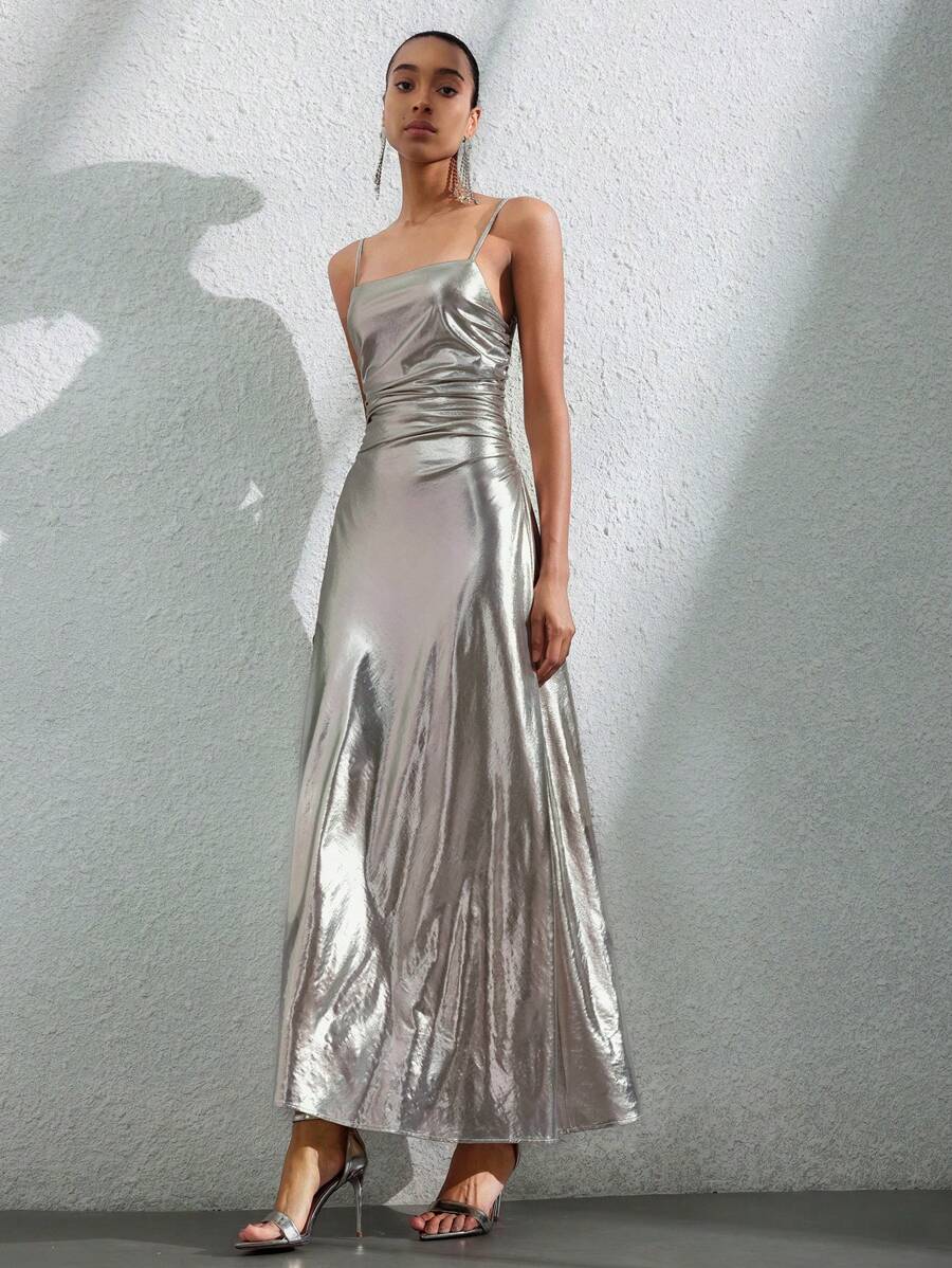 Aveloria Modichic Elegant Luxury Party Metallic Silver Coating Ruched ...