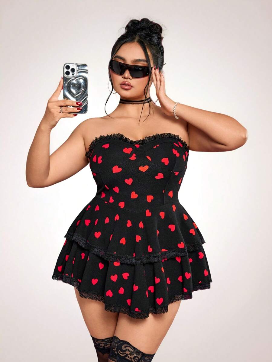 SHEIN ICON Plus Size Heart Print Double Layer Camisole Mini Dress ...