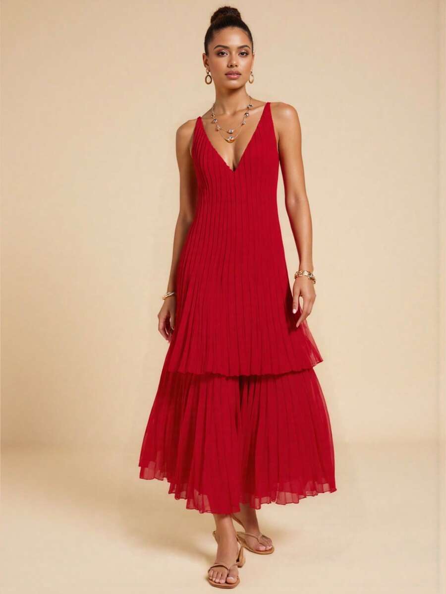 EZG Robe maxi plissée à col V profond avec dos croisé, rouge, tenue ...