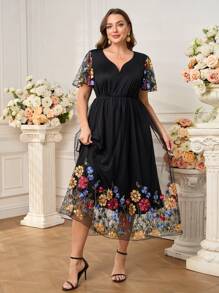 SHEIN Clasi Plus Size Elegant Black Summer Embroidered Mesh Dresses ...