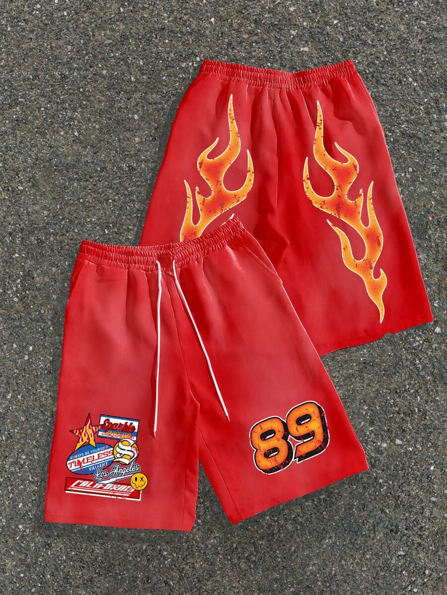 Manfinity ZONE917 Men's Street Red Graphic Loose 3/4 Cargo Pants With ...