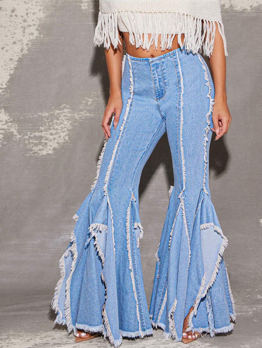 Vixey Seamed Raw Edge Fringe Flare Hem Stretch Denim Jeans, Boho, Boho ...