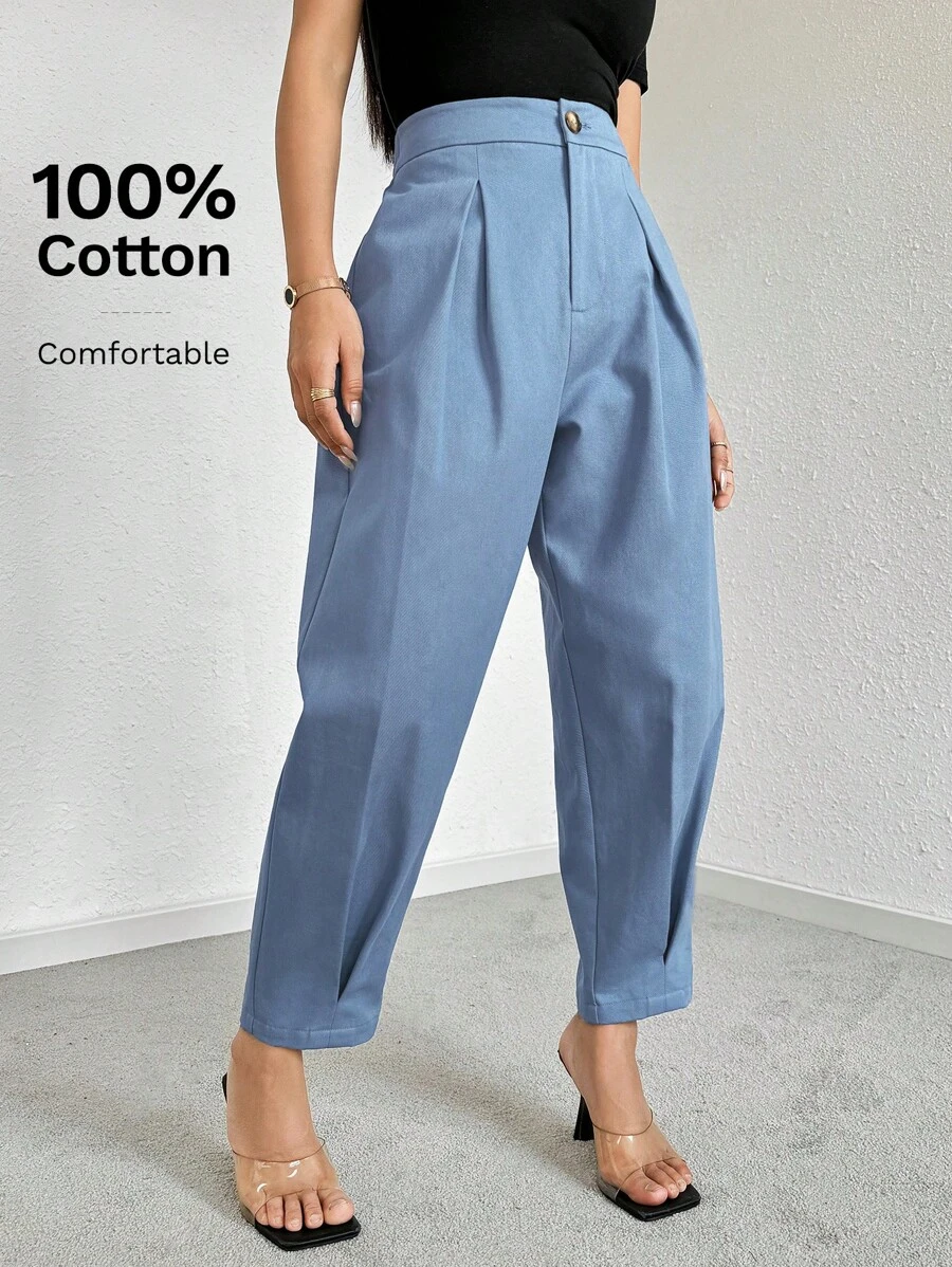 SHEIN Mulvari Ladies' Solid Color Pleated Tapered Pants | SHEIN USA