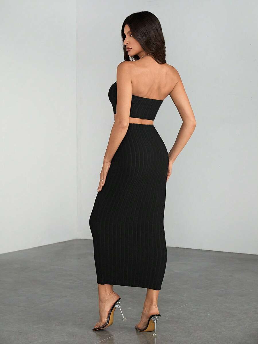 SHEIN Tall Black Knitted Wide Pit Strip Slim Fit Suit Tube Top + Hip ...