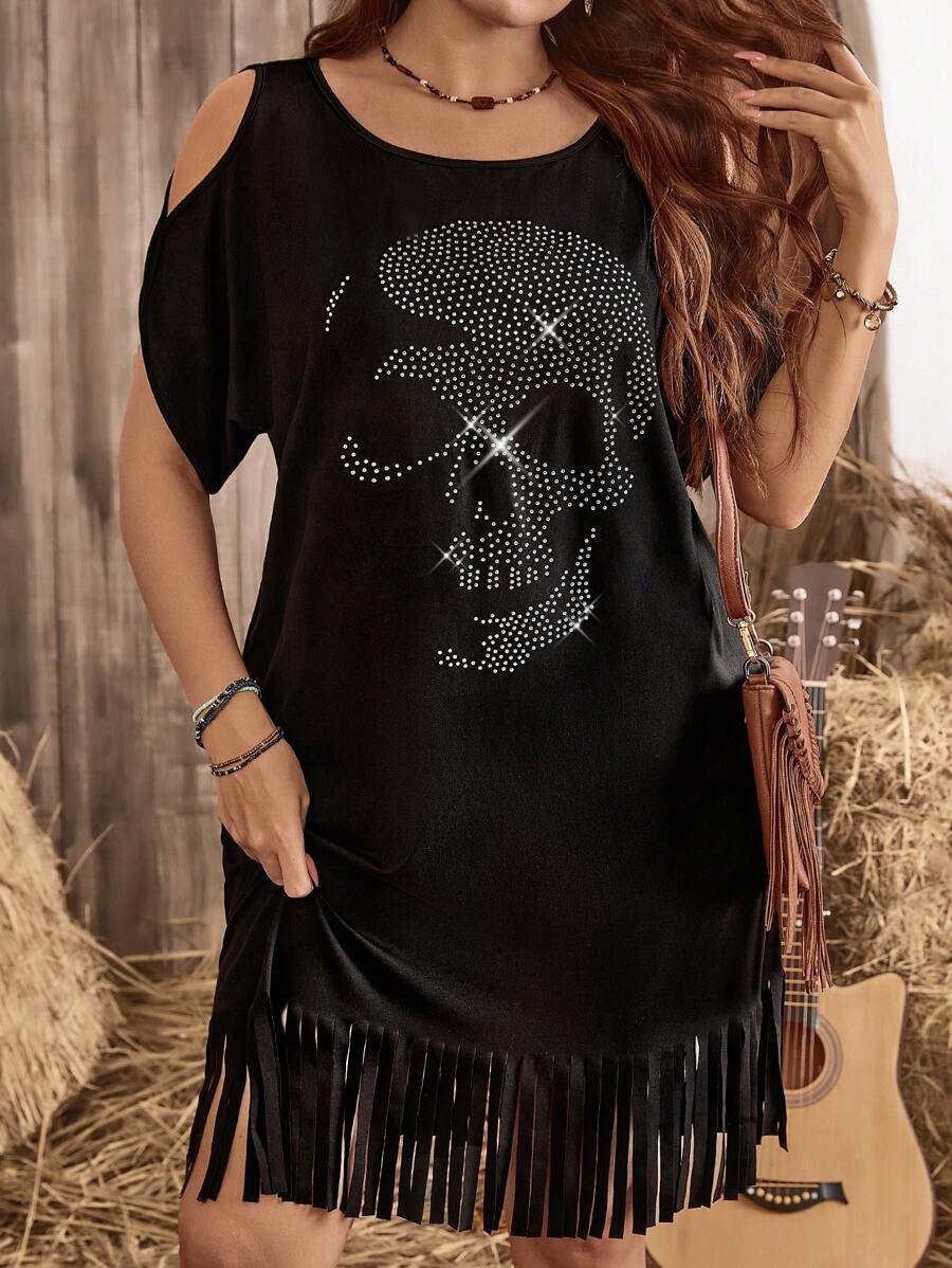 SHEIN LUNE Plus Size Skeleton Head Rhinestones Decor Tassel Hem Dress ...