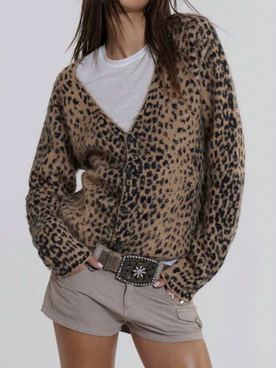 Women's Leopard Print Single-Breasted Cardigan, Autumn/Winter | SHEIN USA