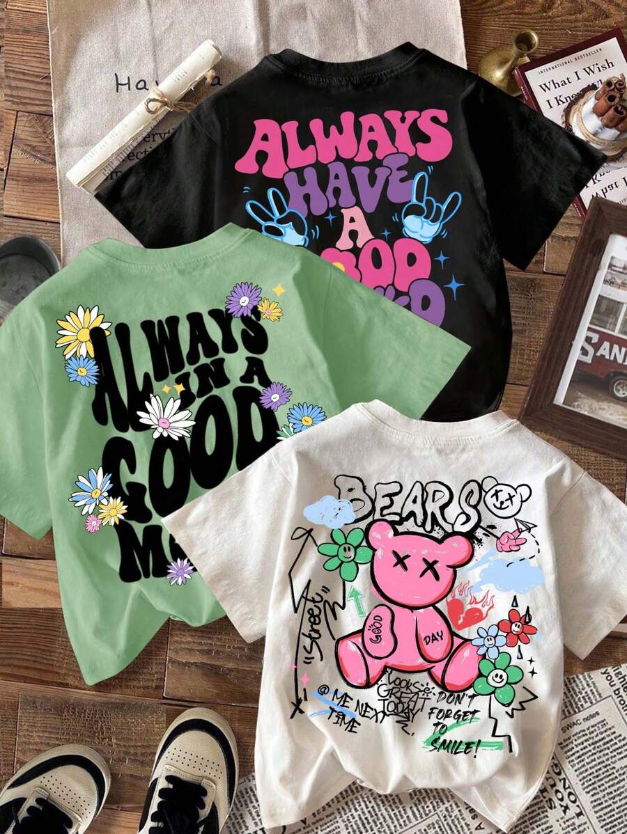 SHEIN 3pcs/Pack Tween Girls Casual Cartoon Graphic Multi-Pack T-Shirts ...