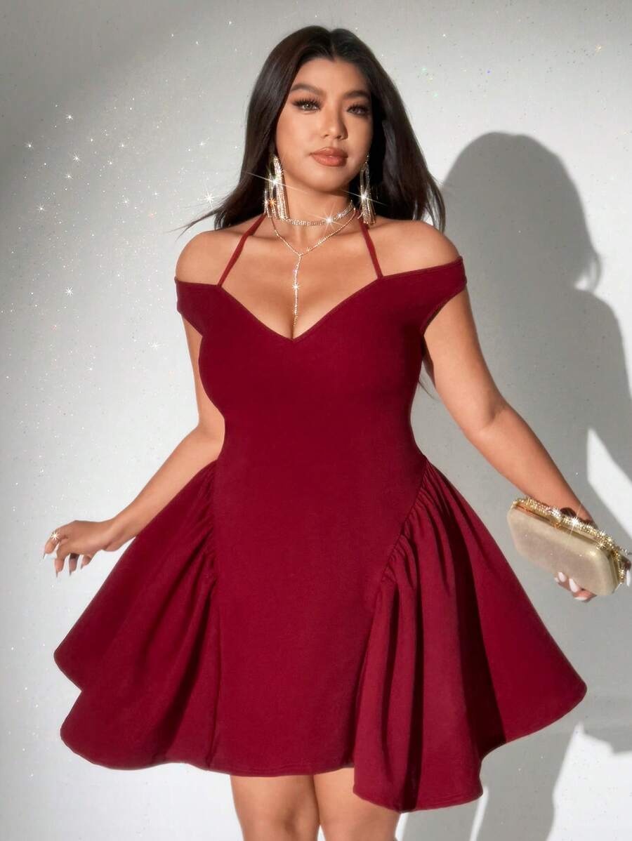 Viva Relle Plus Size Women Solid Color Ruffle Ruffle Hem Fashion Dress ...