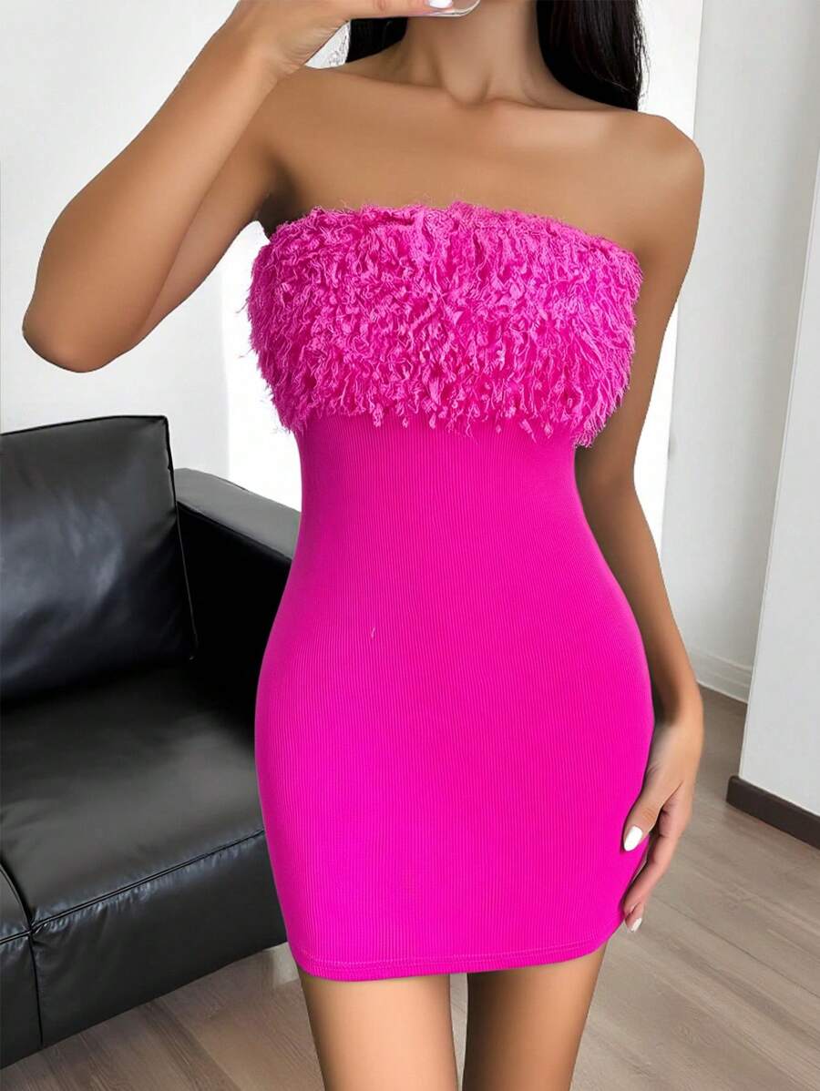 Elegant Lady-Like Seamless Snug Fit Knit Mini Dress With Fluffy Panel ...