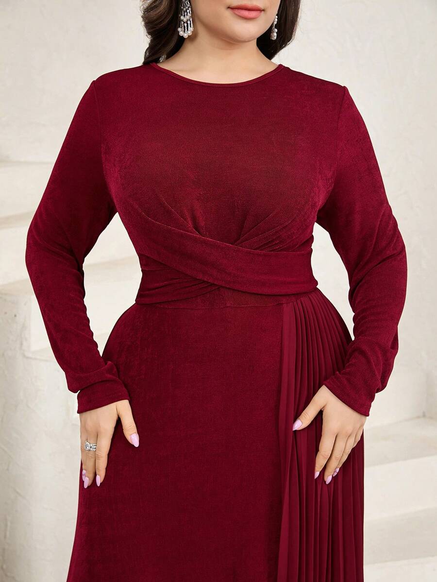 Modelyn Plus Size Women's Solid Color Round Neck Long Sleeve Pleated Simple Casual Arabian Dress ...