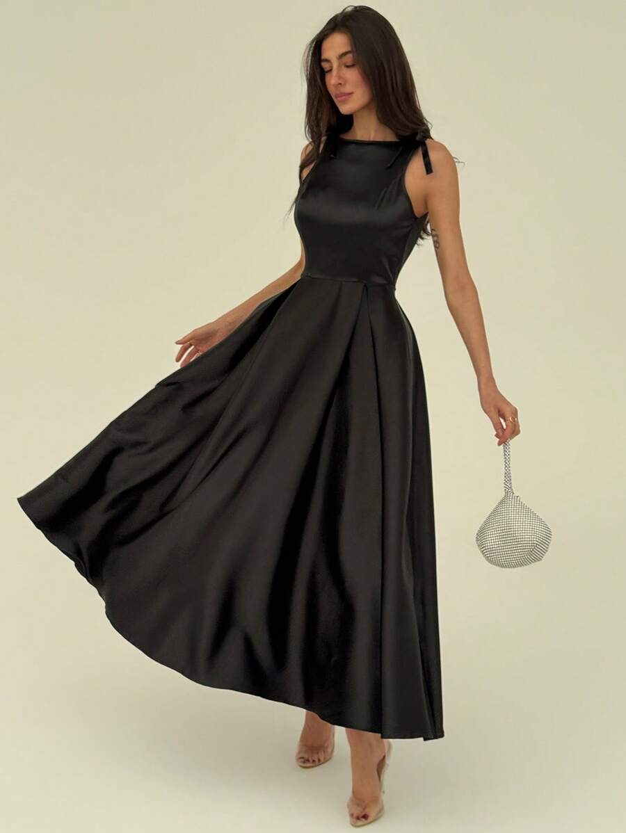 Aloruh Vestido de Cetim Preto Elegante e Minimalista com Decoração de ...