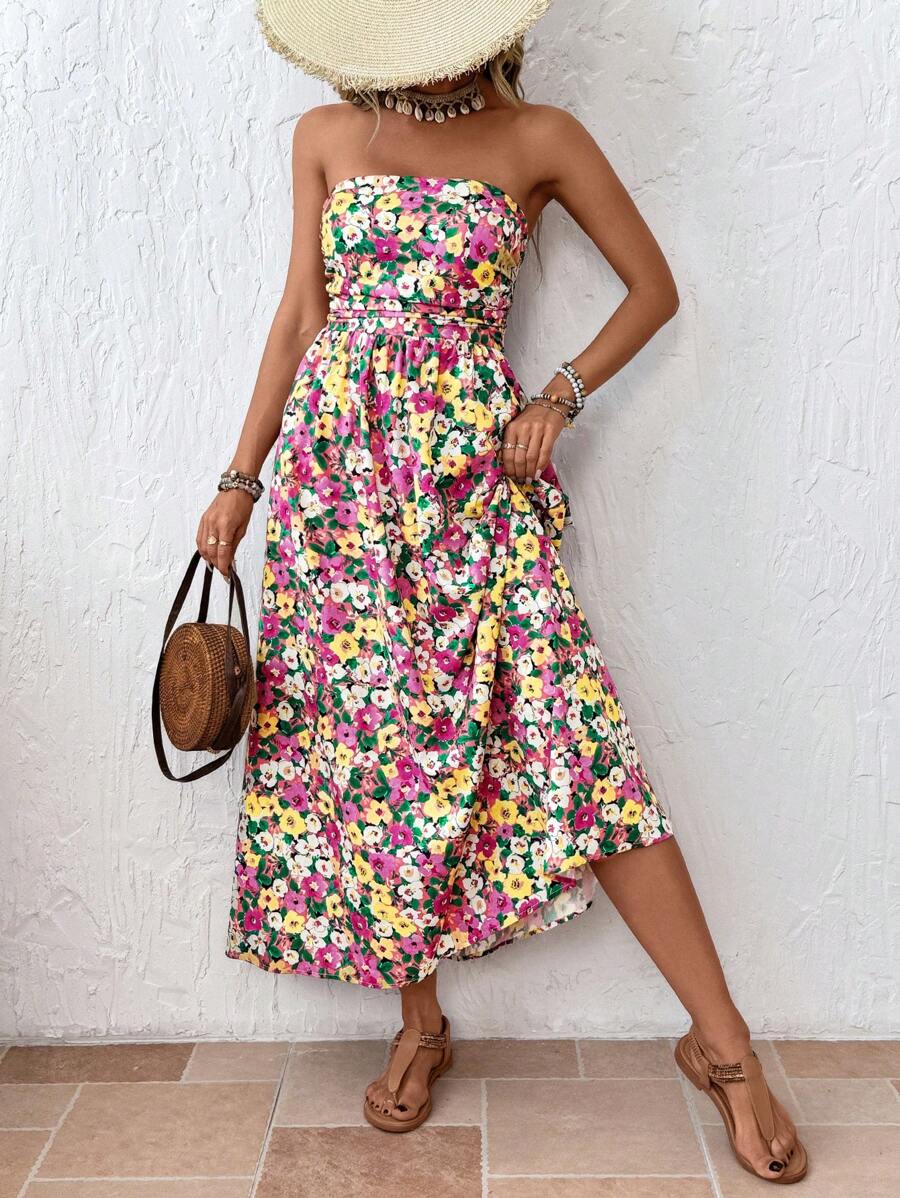 SHEIN LUNE Women's Casual Floral Pink Boho Sleeveless Long Dress,Summer ...
