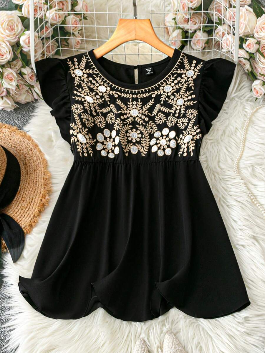 SHEIN LUNE Plus Size Women Embroidered Round Neck Cap Sleeve Blouse ...