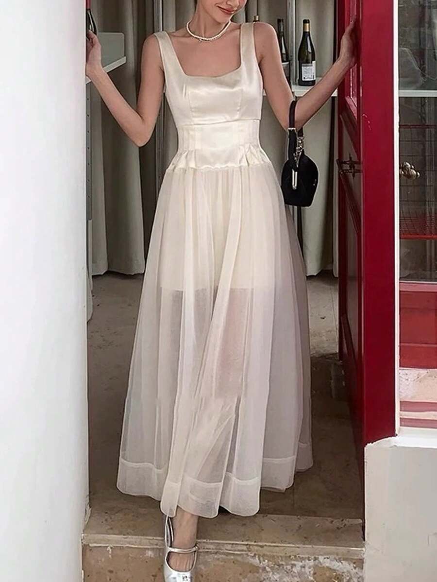 DAZY Robe de soirée en satin pour femmes avec resserrage à la taille, panneau de maille ...