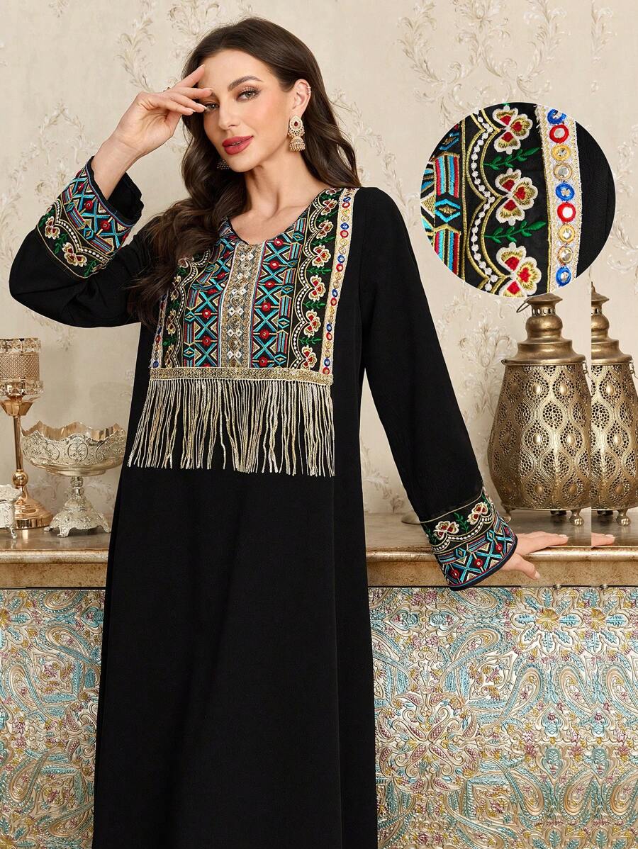 Al Najma Women's Embroidered Sequin Fringed Jalabiya Arabic Style Dress ...