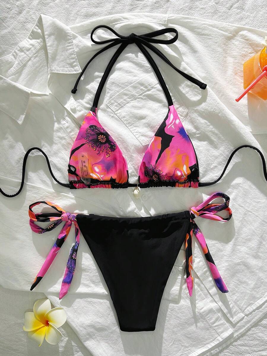 Women's New Multicolor Printed Halter Neck Backless Beachwear 2-Piece ...