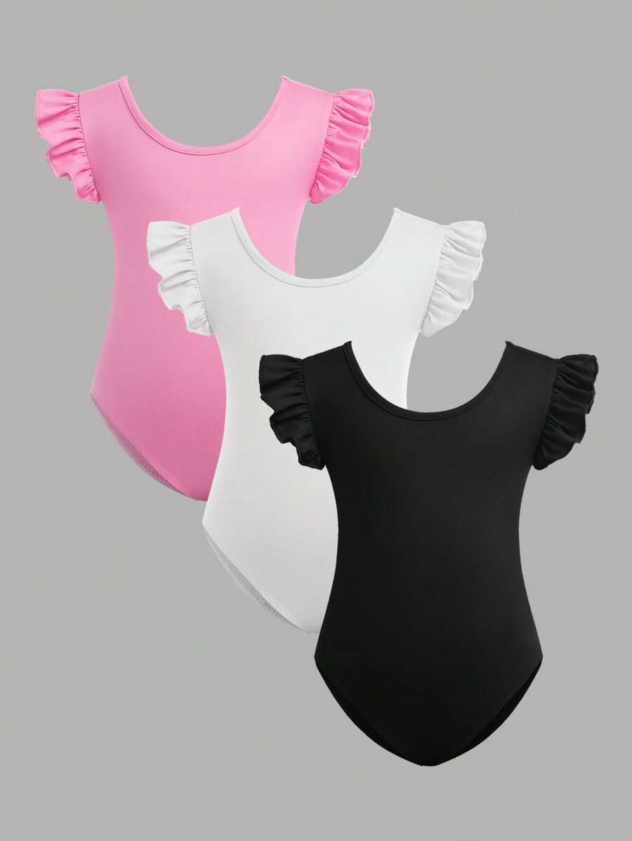 SHEIN 3pcs/Set Young Girls Snug Fit Knitted Ruffled Sleeve Activewear ...