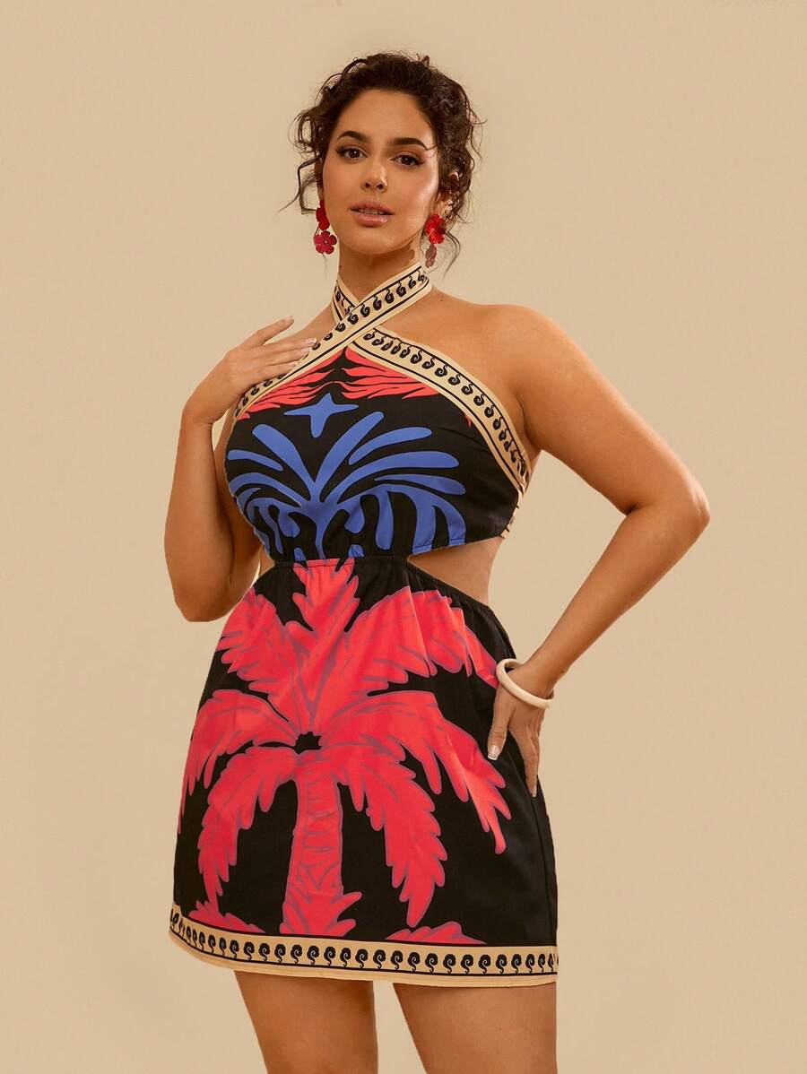 Travachic Plus Size Boho Tropical Coconut Tree Print, Sleeveless Black ...