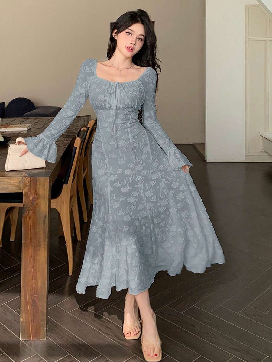 DAZY Women Square Neck Long Sleeve Texture Fabric Dress Elegant,Ruffle,Fall Dress | SHEIN EUR