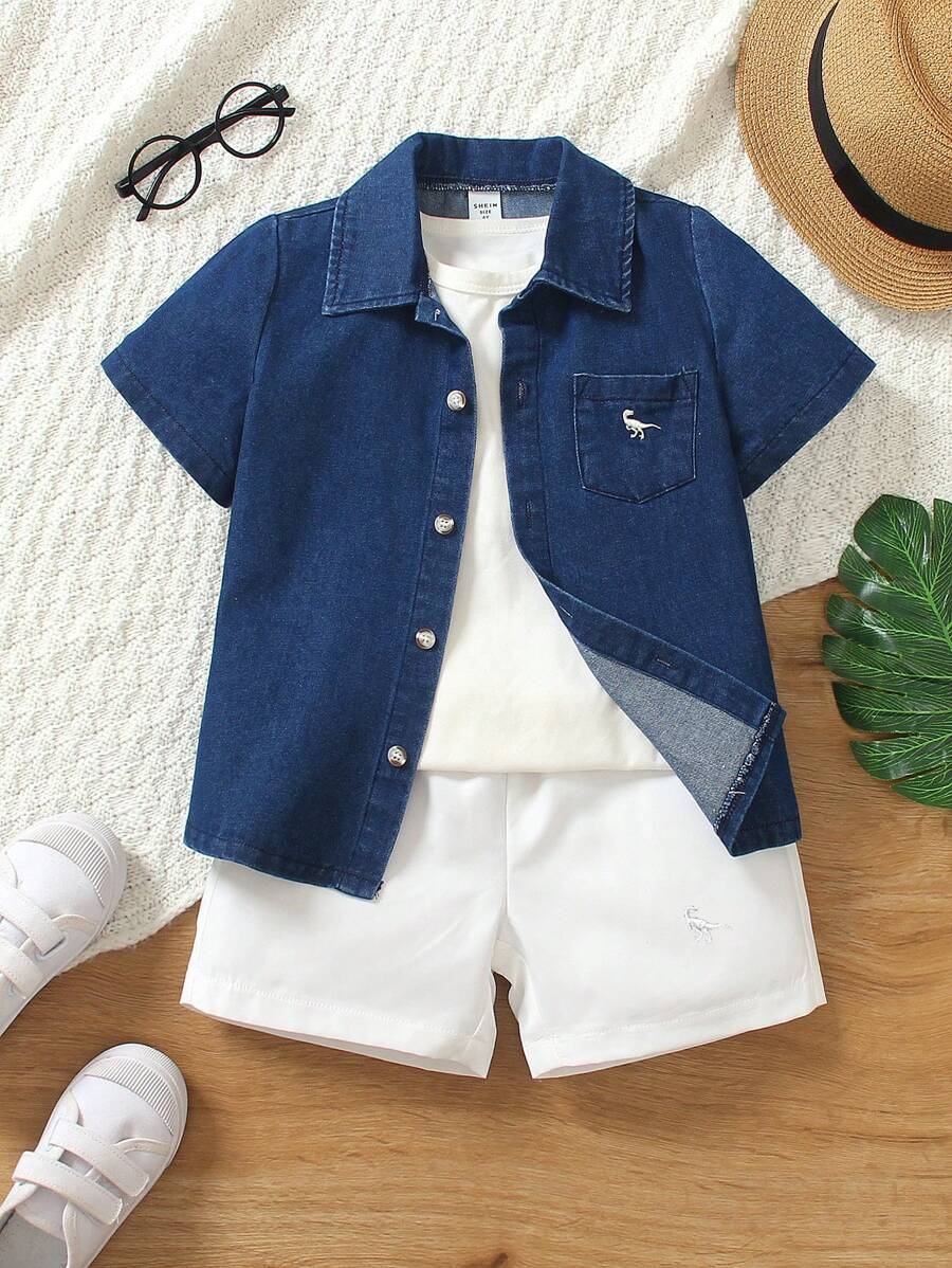 SHEIN 2pcs Set Young Boys Dinosaur Logo Short Sleeve Shirt & Shorts ...