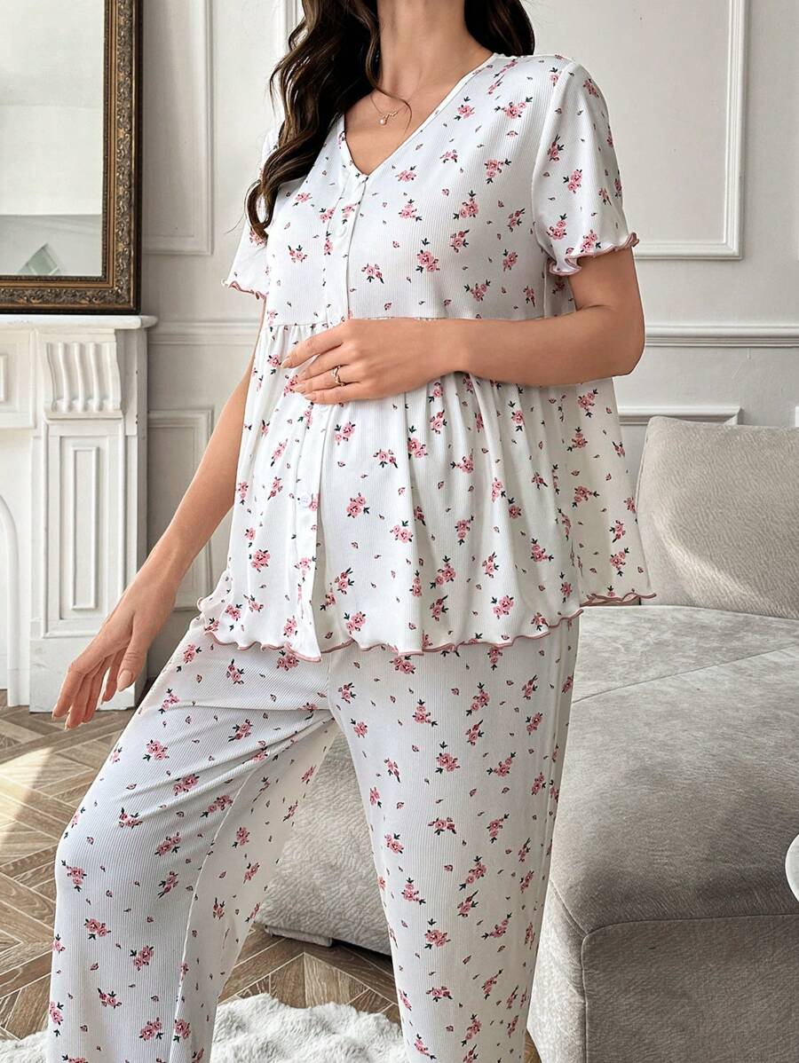 Maternity Ditsy Floral Ruffled V-Neck Short Sleeve Pajama Set for Sale ...