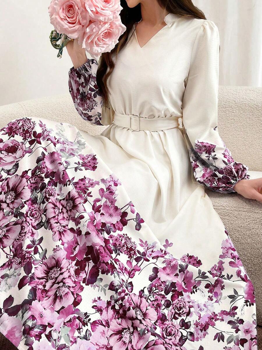 Mulvari Elegant Floral Print Lantern Sleeve Arabic Long Dress,Modest ...