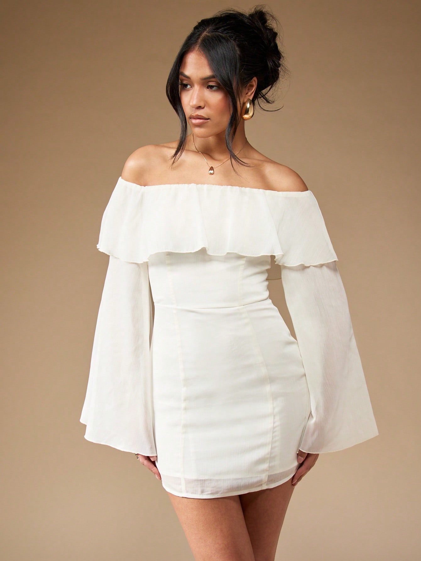 MISSGUIDED Bohemian Bardot Off Shoulder Bell Sleeve Ruffle Mini Dress ...