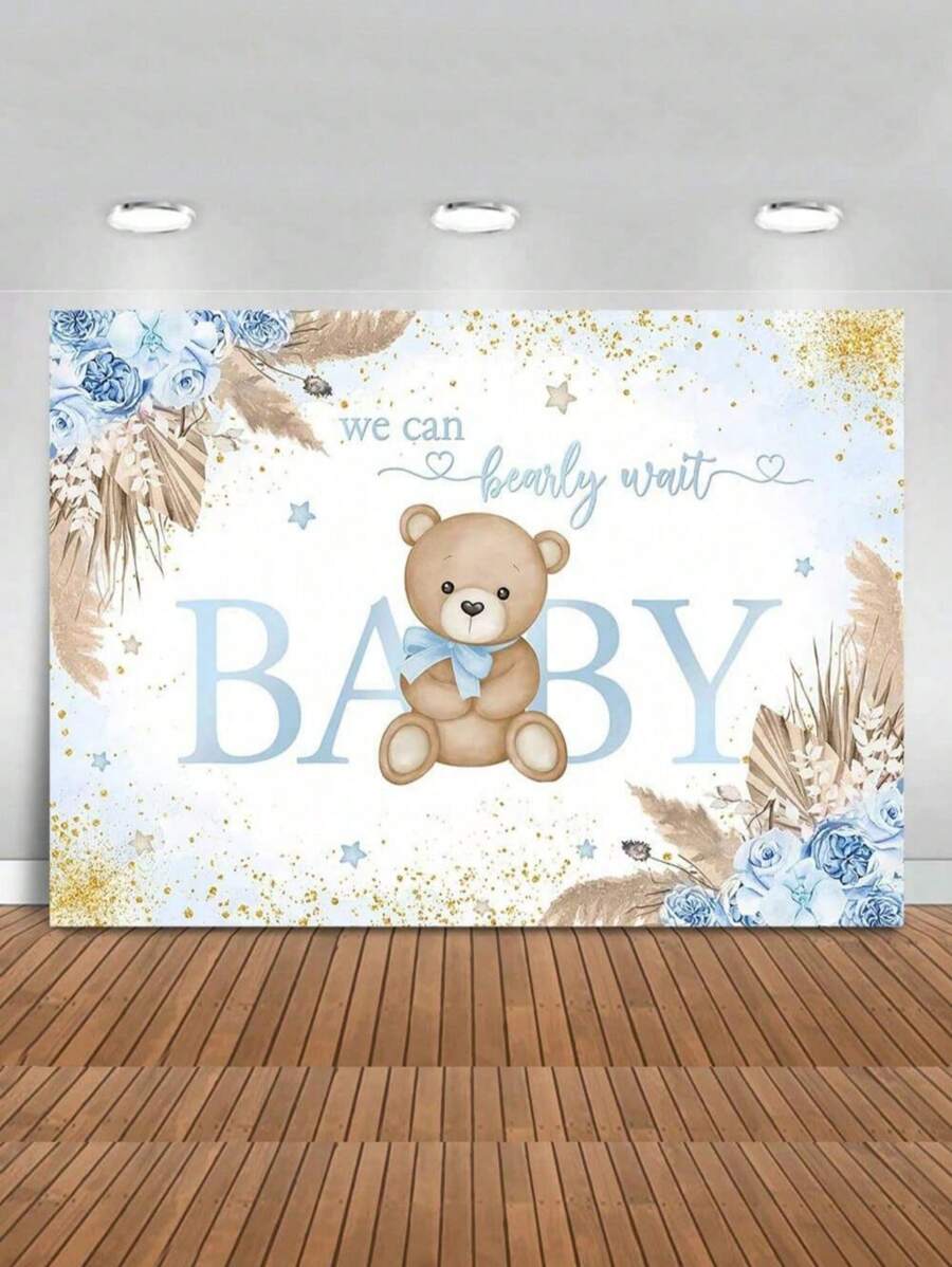 SHEIN Cute Cartoon Brown Bear & Blue Flowers Background Design Newborn ...