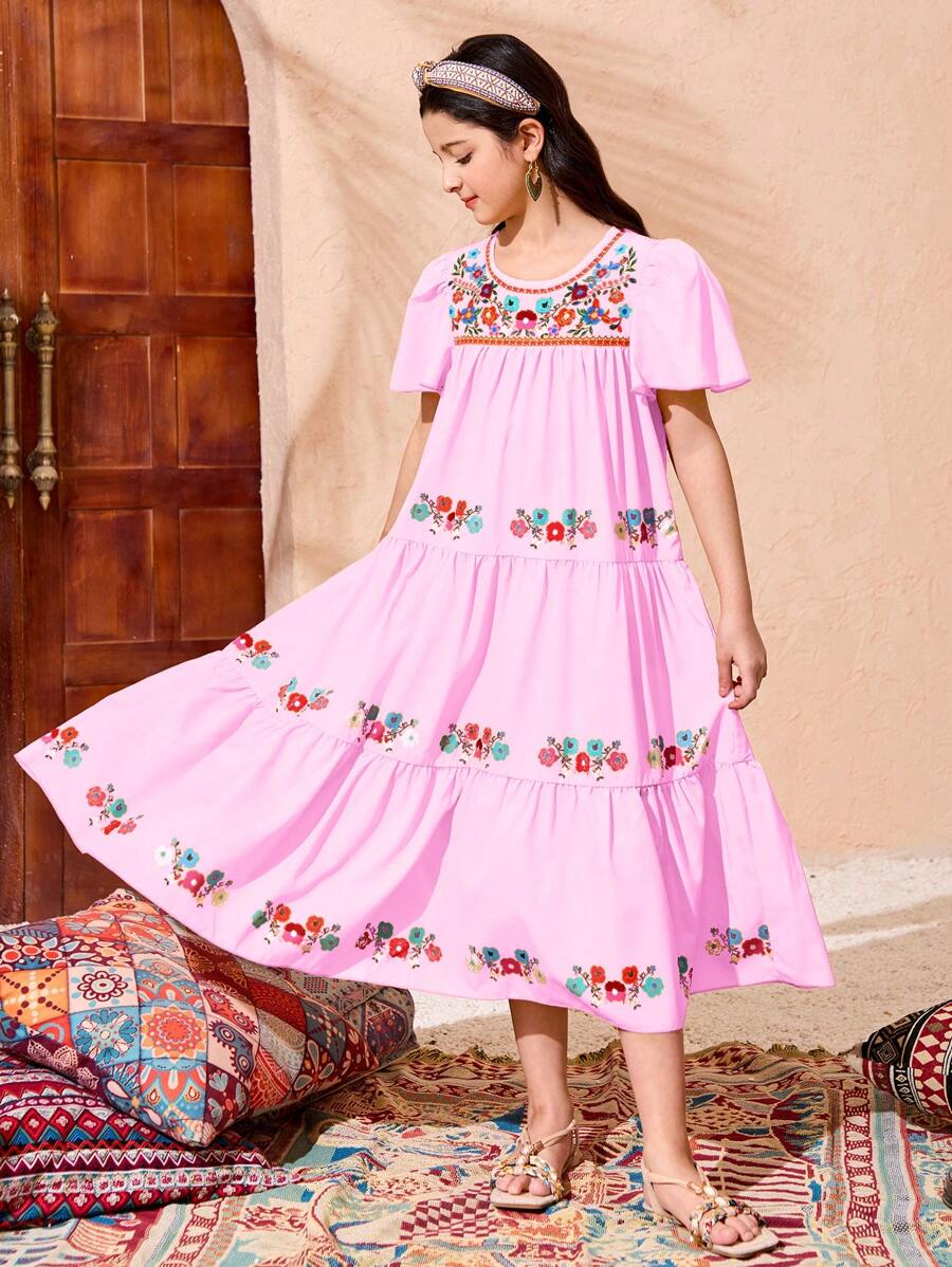 SHEIN Tween Girls ' Loose Floral Long Dress, Sweet Vacation | SHEIN