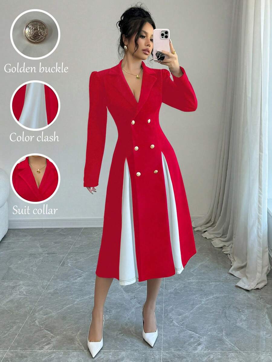 Elenzga Women's Color Block Double-Breasted Elegant Office Wear Long Sleeve Mid-Length Dress ...