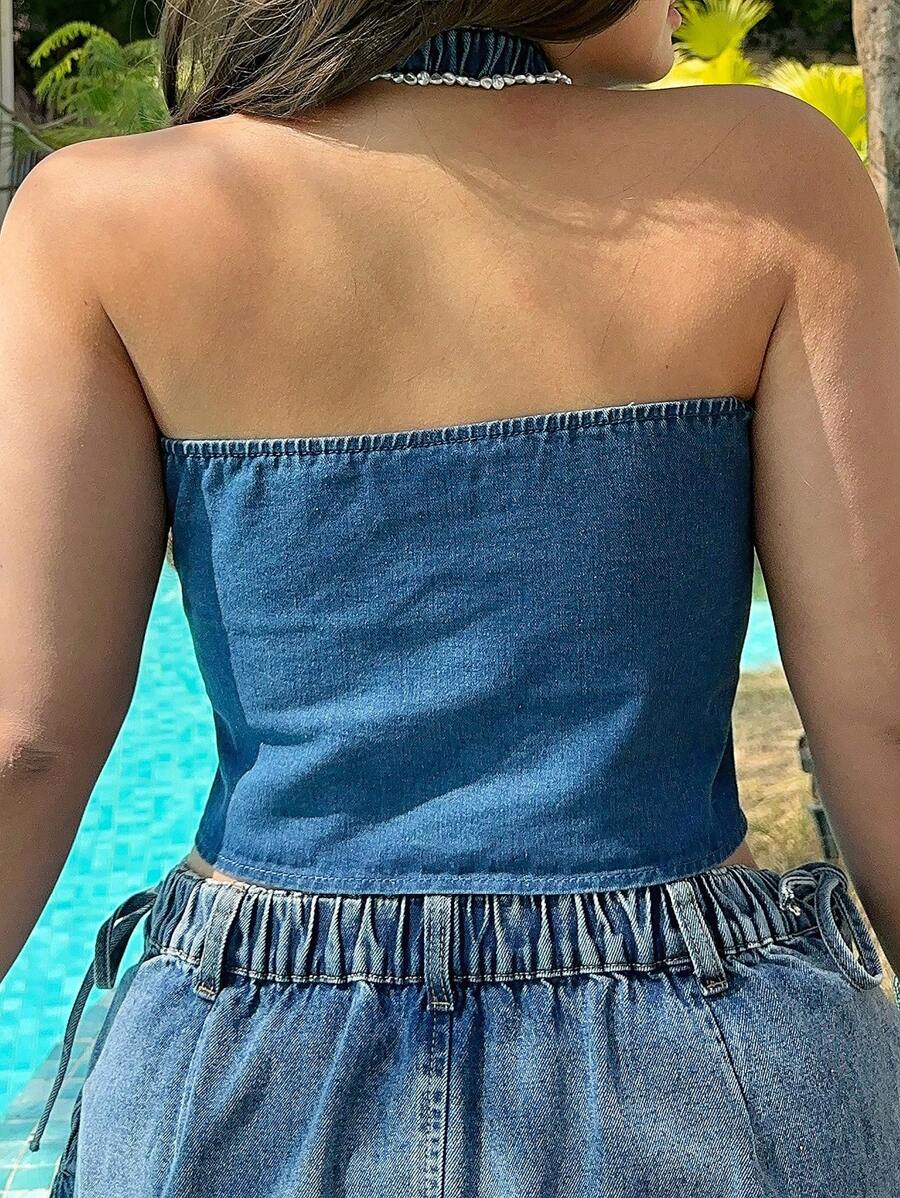 SHEIN MOD Plus Size Sexy Backless Denim Top, Blue | SHEIN UK