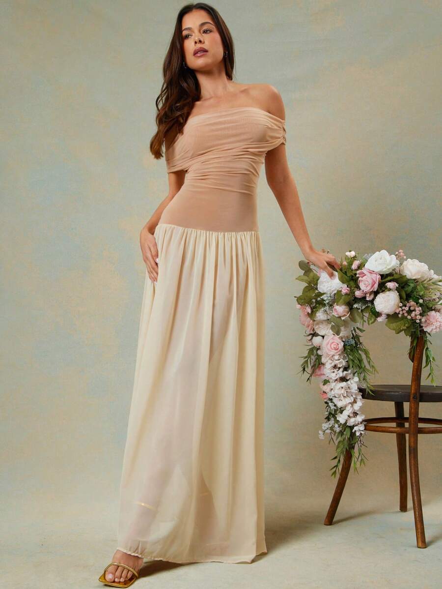 L'Amorae Elegant Colorblock Off Shoulder Flowy Sheer See-Through Mesh ...