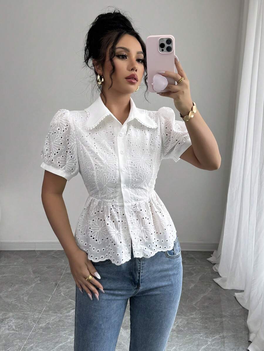 SHEIN Raffinéa Lässige Bluse im Büro-Lady Stil mit Cut Out Puffärmeln ...