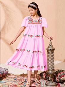 SHEIN Tween Girls ' Loose Floral Long Dress, Sweet Vacation | SHEIN