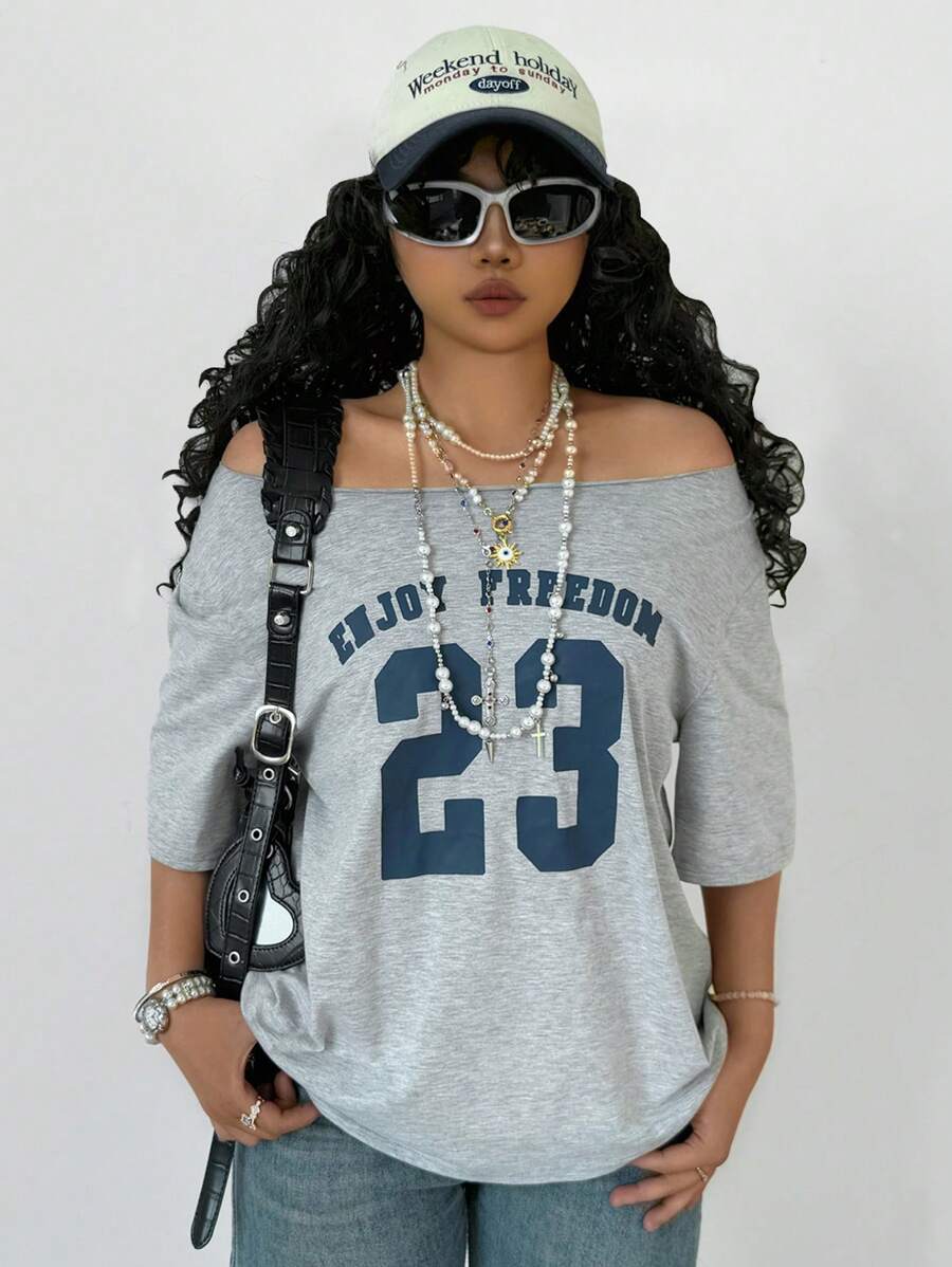 SHEIN Tween Girls Spring Basic Number Pattern Grey Asymmetrical Neck T-Shirt | SHEIN USA