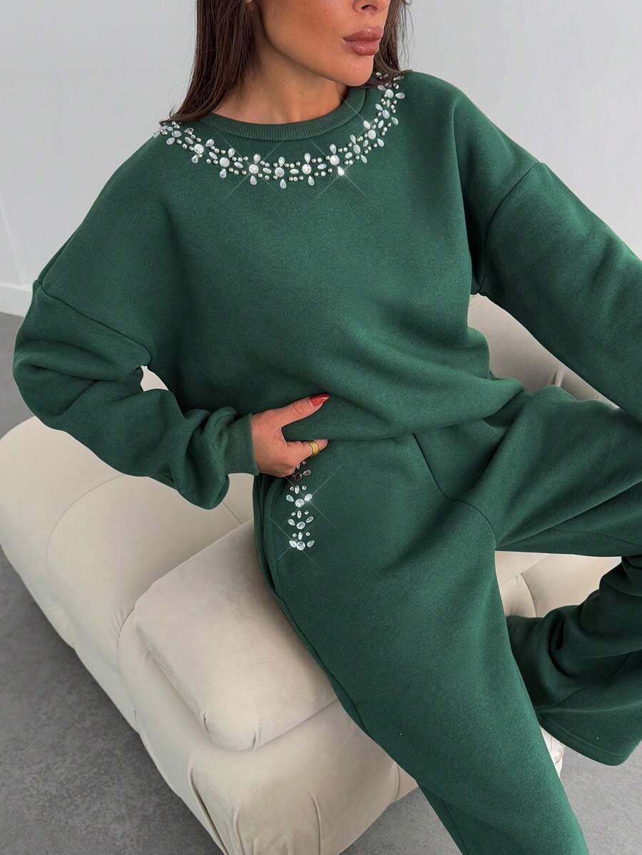 SHEIN Rhinestone Decor Casual Sweatshirt And Sweatpants Set, Autumn ...