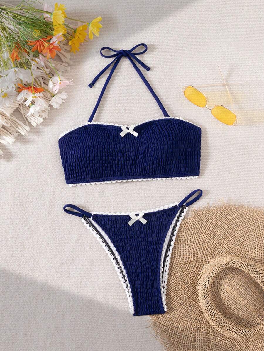 2pcs Beach Summer Outfits For Women, Solid Color Cute Vacation Beach Bow Halter Bikini Set | SHEIN
