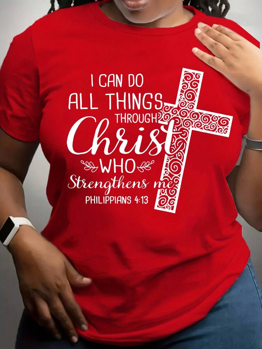 SHEIN LUNE Plus Size Women's Tops Letter 'I CAN DO ALL THINGS ...